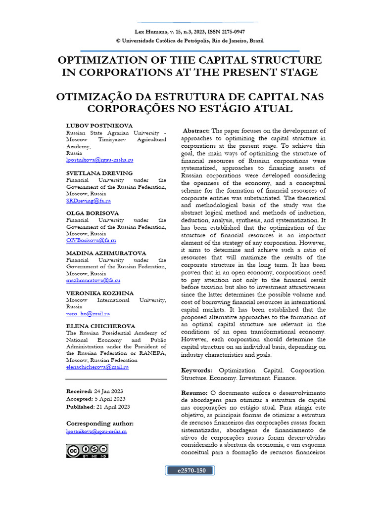 Optimization of the Capital Structure in Corporations at the Present ...