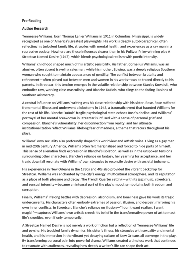 A Street Car Named Desire Analysis | PDF | Love | Mental Disorder