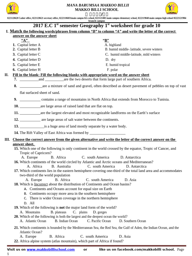 Grade 10 Geography Worksheet 2017 E.C. | PDF | Africa | Continent
