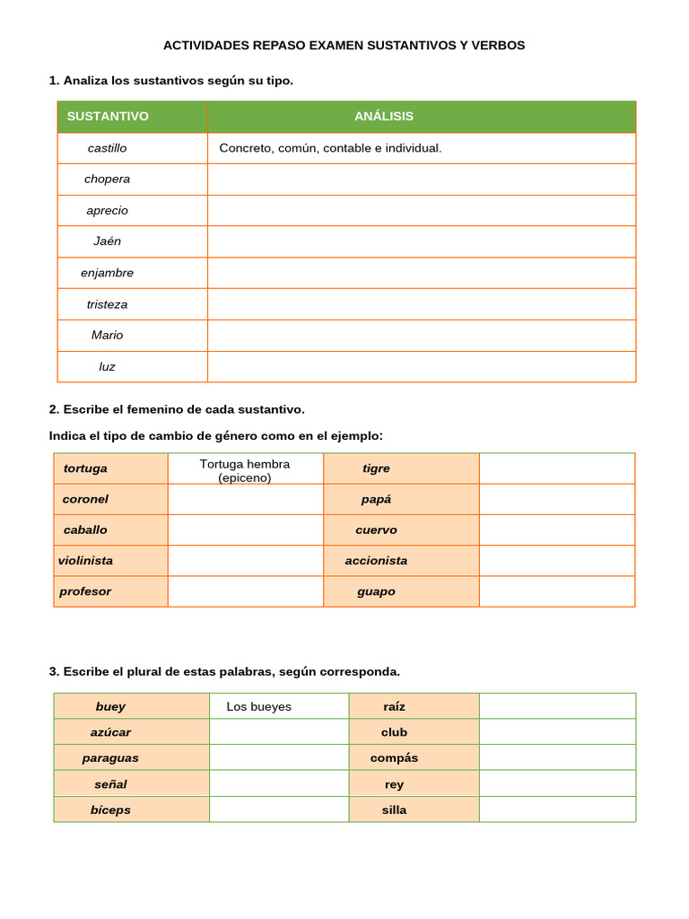 Actividades Repaso Examen Sustantivos | PDF