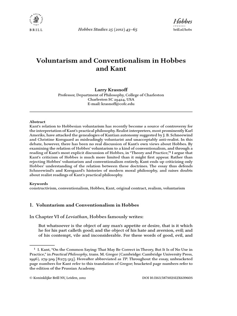 Voluntarism and Conventionalism in Hobbes and Kant: Larry Krasnoff ...