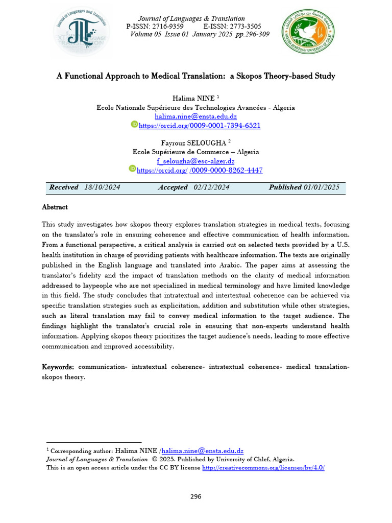 A Functional Approach To Medical Translation A Skopos Theory Based ...