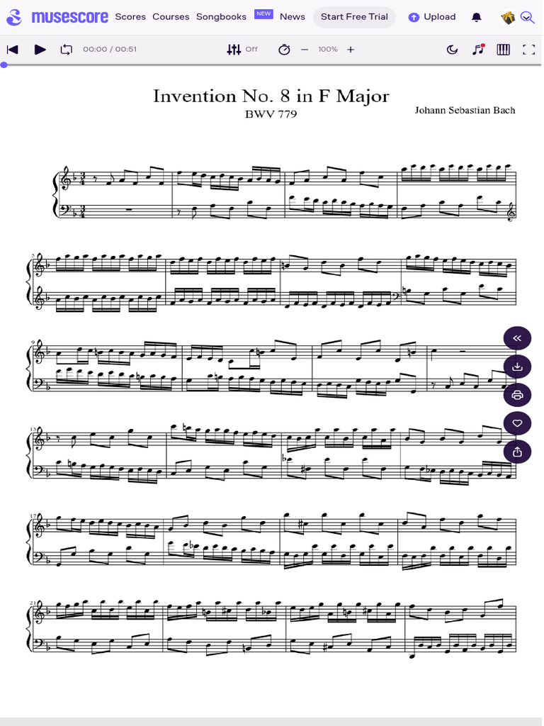 Invention No. 8 in F Major Sheet Music For Piano (Solo) | PDF