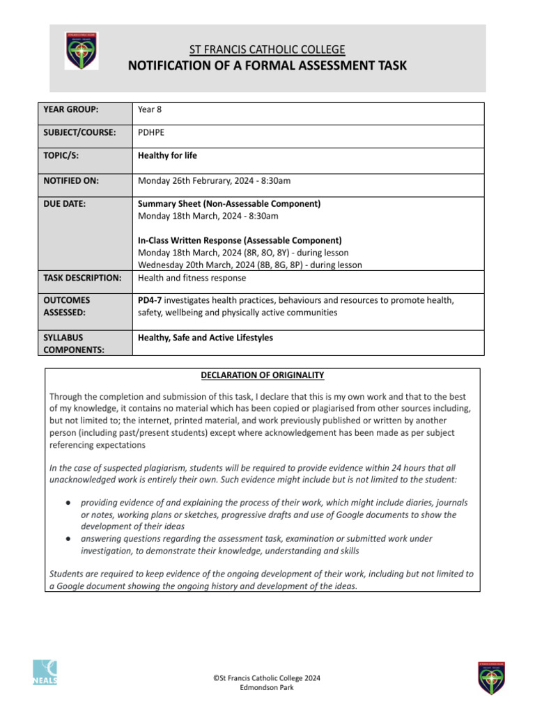 - SFCC 8 PDHPE Formal Assessment One Notification 2024 - Google Docs ...