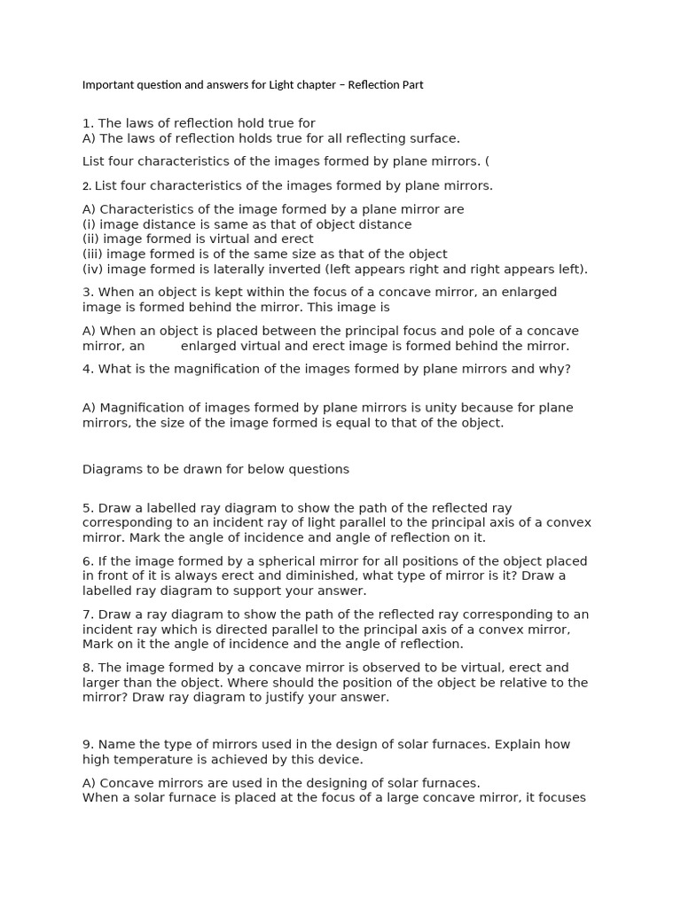 Important Question and Answers For Light Chapter Reflection Part | PDF ...