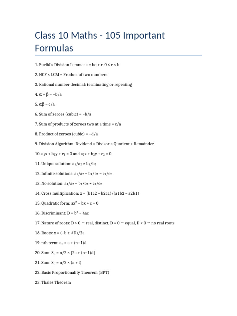 Class 10 Maths 105 Formulas (1) | PDF | Mathematics