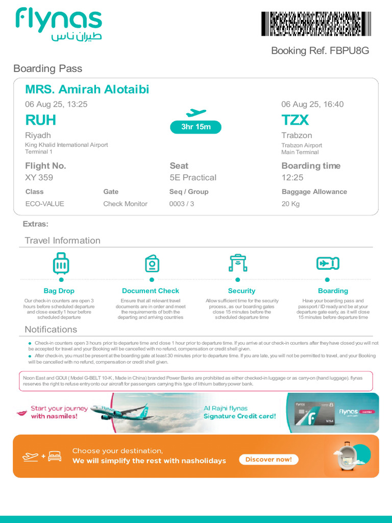 Flynas - BoardingPass - PNR FBPU8G - 06 Aug 2025 | PDF | Baggage | Aviation