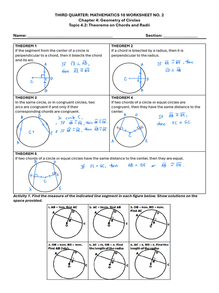 Q3 Math 10 Worksheet 2 Theorems On Chords and Radii | PDF | Circle ...