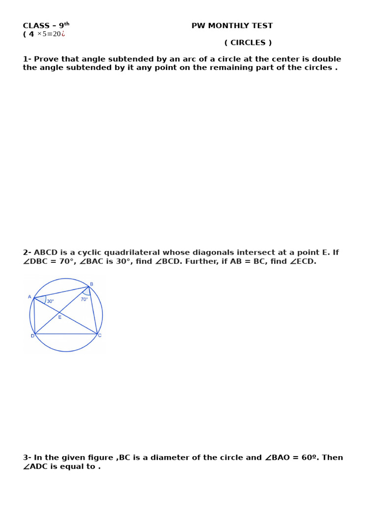 9th Grade Circle Geometry Test Questions | PDF