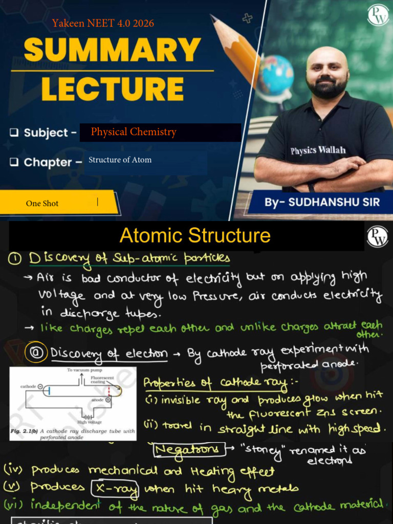 Structure of Atom - Summary Lecture Class Notes PDF | PDF