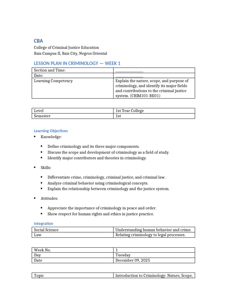 Criminology Lesson Plan Full | PDF | Criminology | Crime & Violence