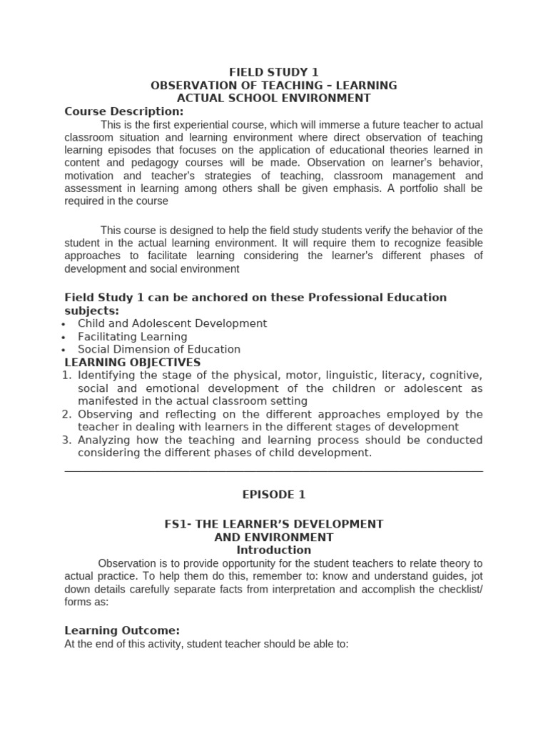 FIELD STUDY 1 BTVTED BTLED Episode 1 7 Reference AY 2025 2026 | PDF ...