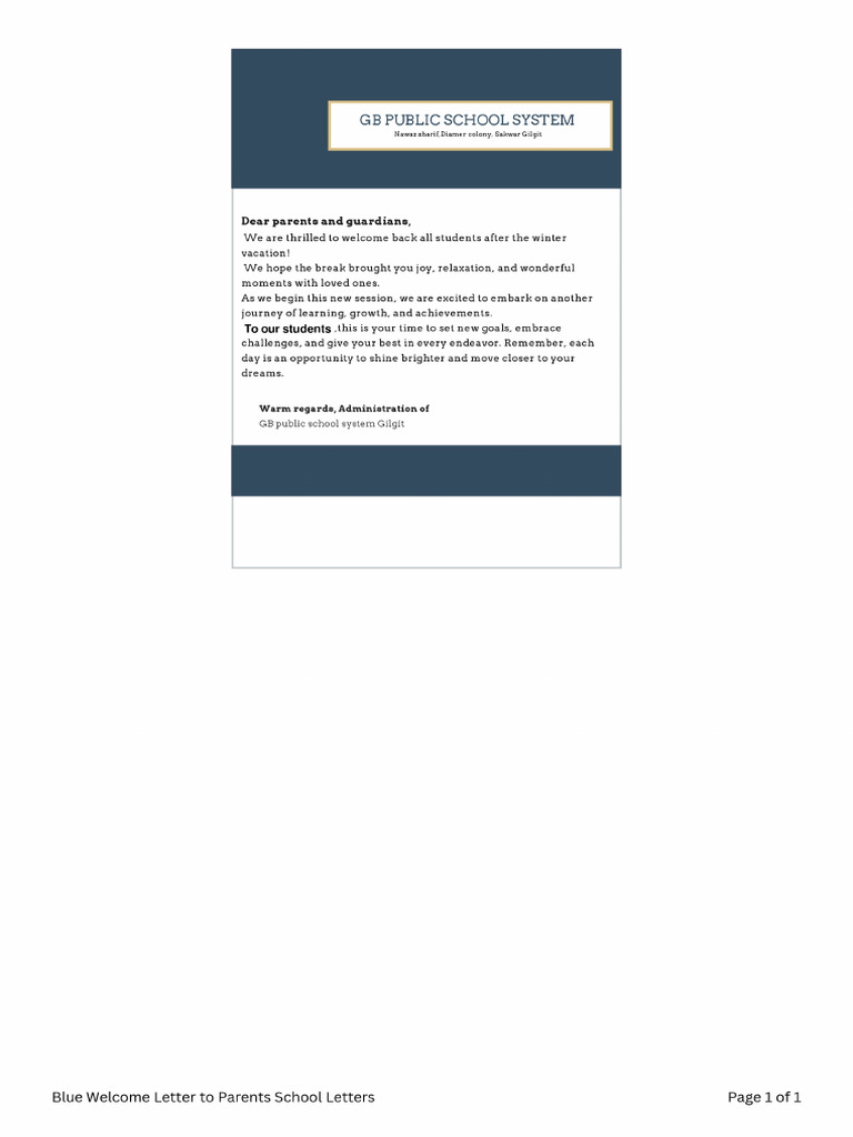 Blue Welcome Letter To Parents School Letters | PDF