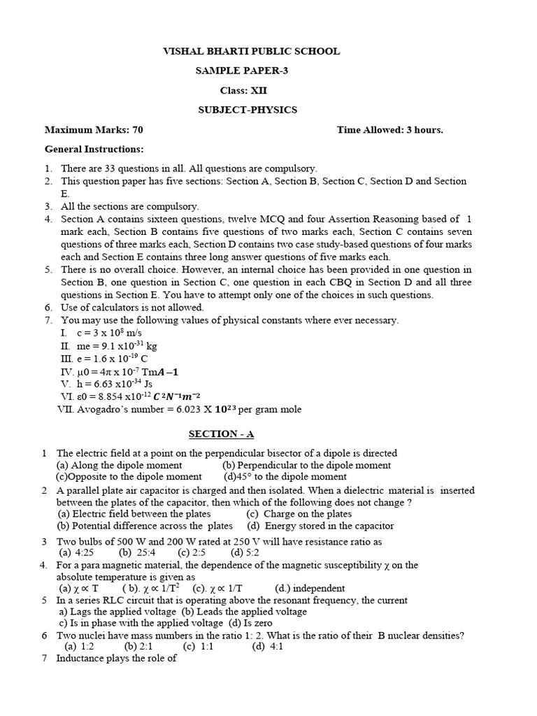Class XII Physics Sample Paper 3 | PDF | Photoelectric Effect | Capacitor