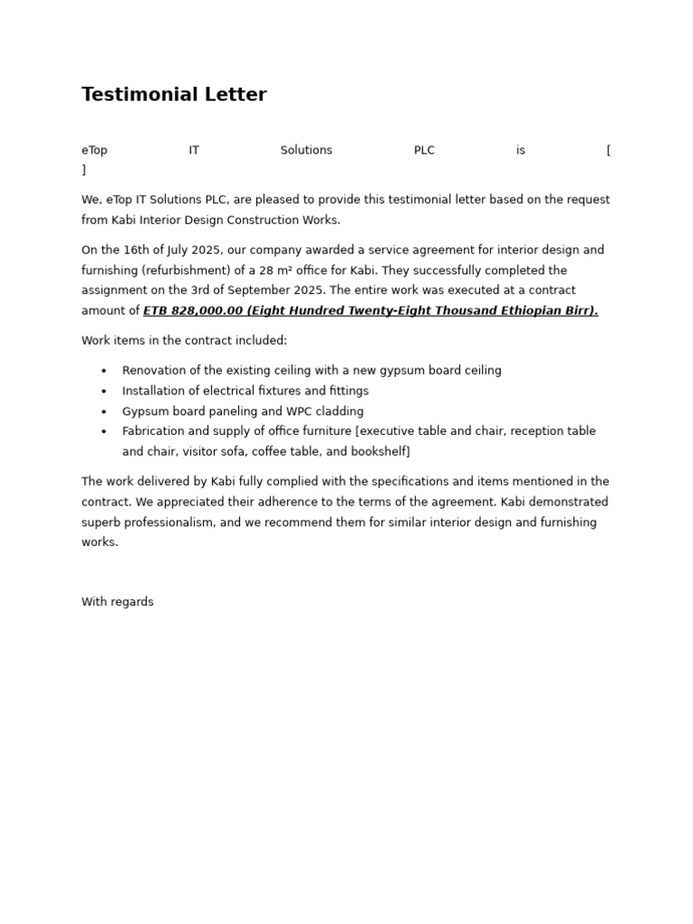V#2 - Testimonial Letter - Etop IT Solutions PLC - Kabi | PDF