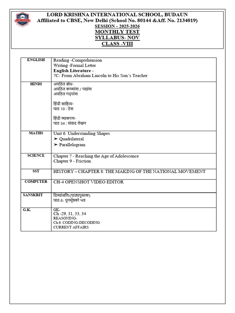 Class 8 Monthly Test Syllabus - Nov | PDF
