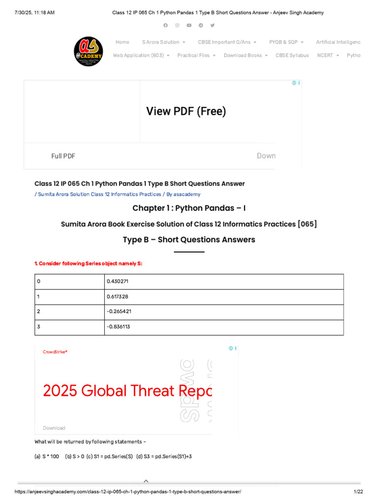 Class 12 IP 065 Ch 1 Python Pandas 1 Type B Short Questions Answer ...