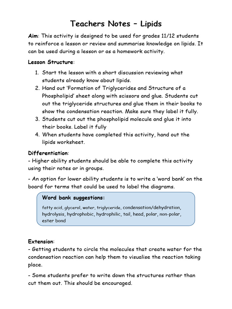 Lipids - Teacher notes | PDF | Fatty Acid | Fat