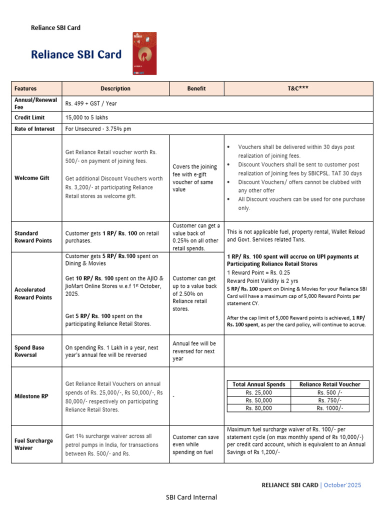One Pager Reliance SBI Card Base October 2025 | PDF | Credit Card ...