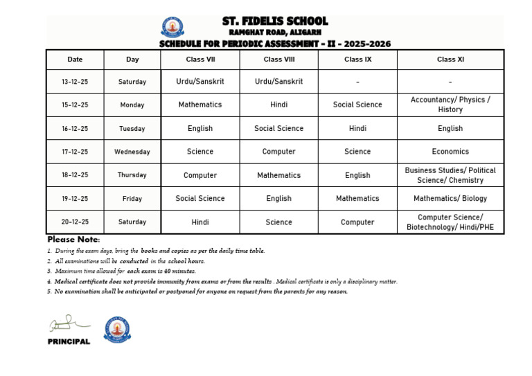 VII, VIII, IX & XI - Schedule For Periodic Assessment-II-2025-2026 | PDF