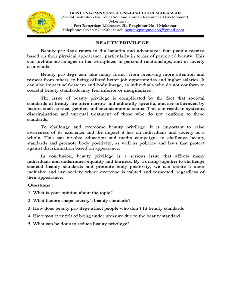 Understanding Beauty Privilege Issues | PDF