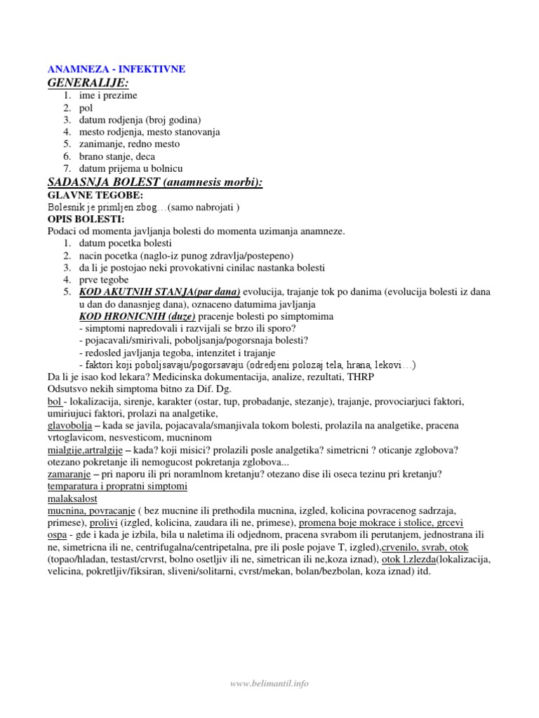 Infektivne - Anamneza I Status | PDF