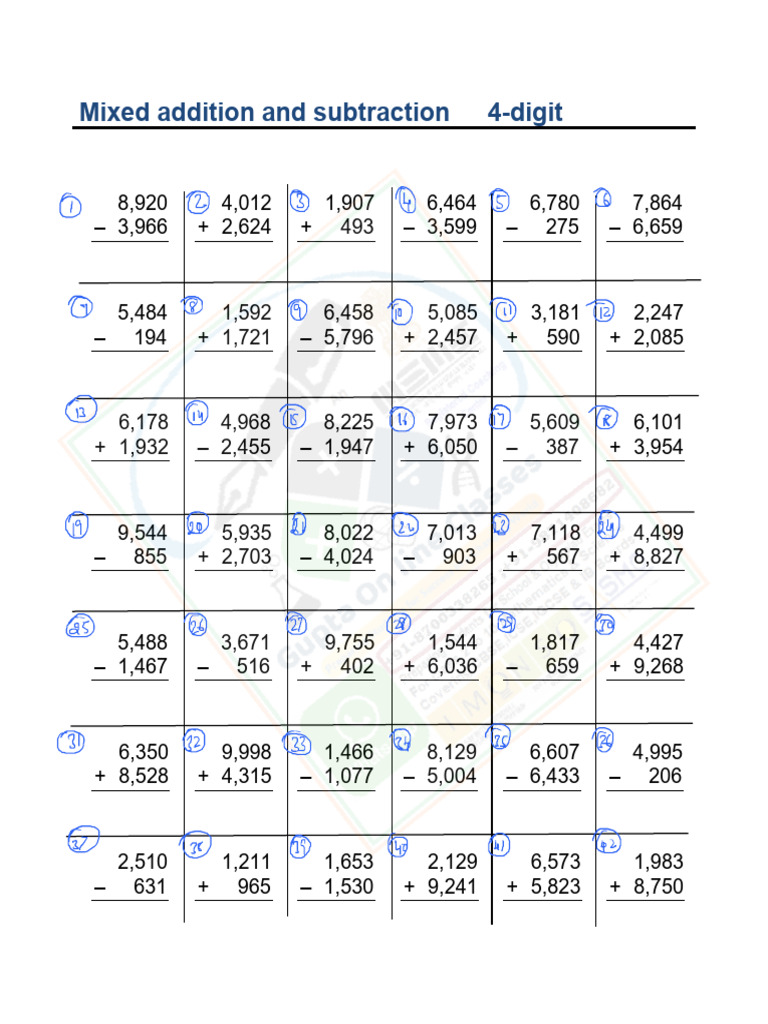 Class 3M Add Subtract Qns of 4 Digits Work Sheet No 2 P K G | PDF