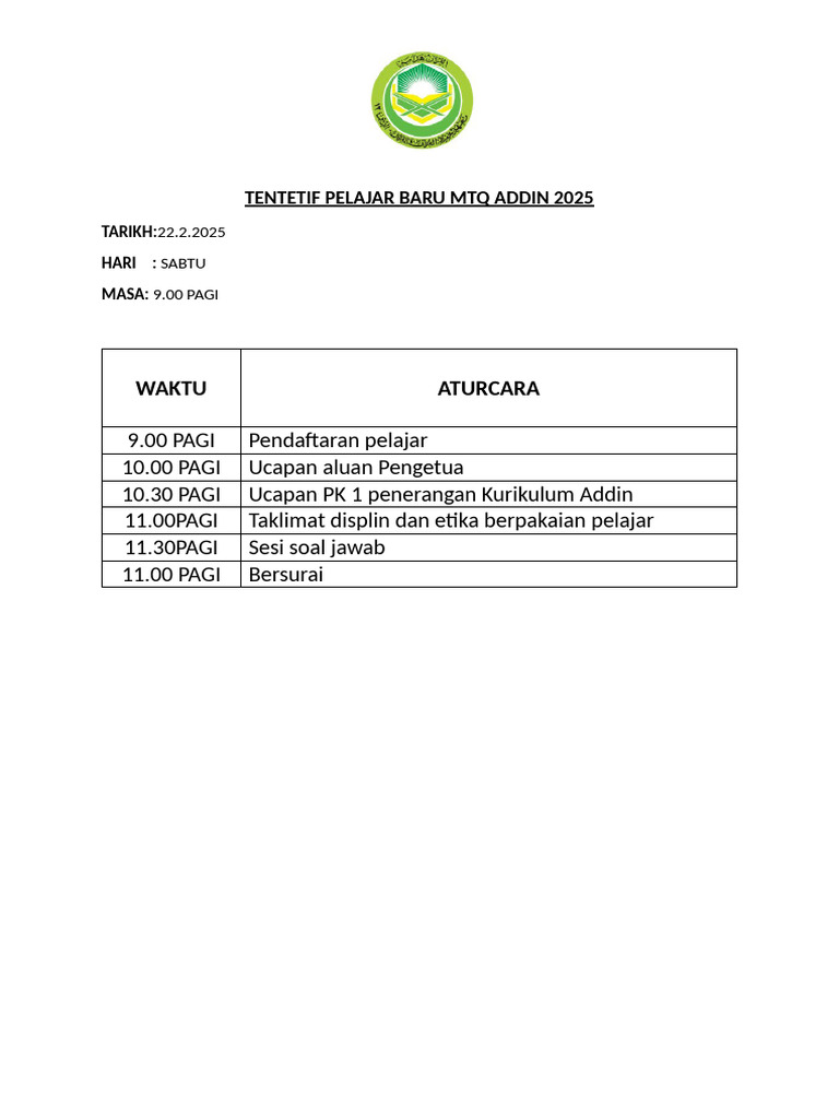 Tentetif Pelajar Baru Mtq Addin 2025 | PDF