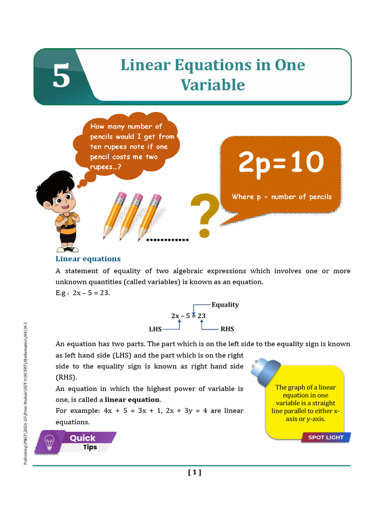 Linear Equations in One Variable | PDF | Equations | Variable (Mathematics)