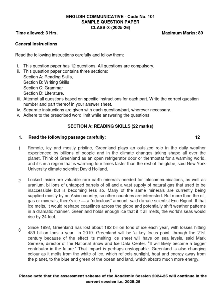 Class X English Communicative Sample Paper | PDF | Ice | Physical Geography