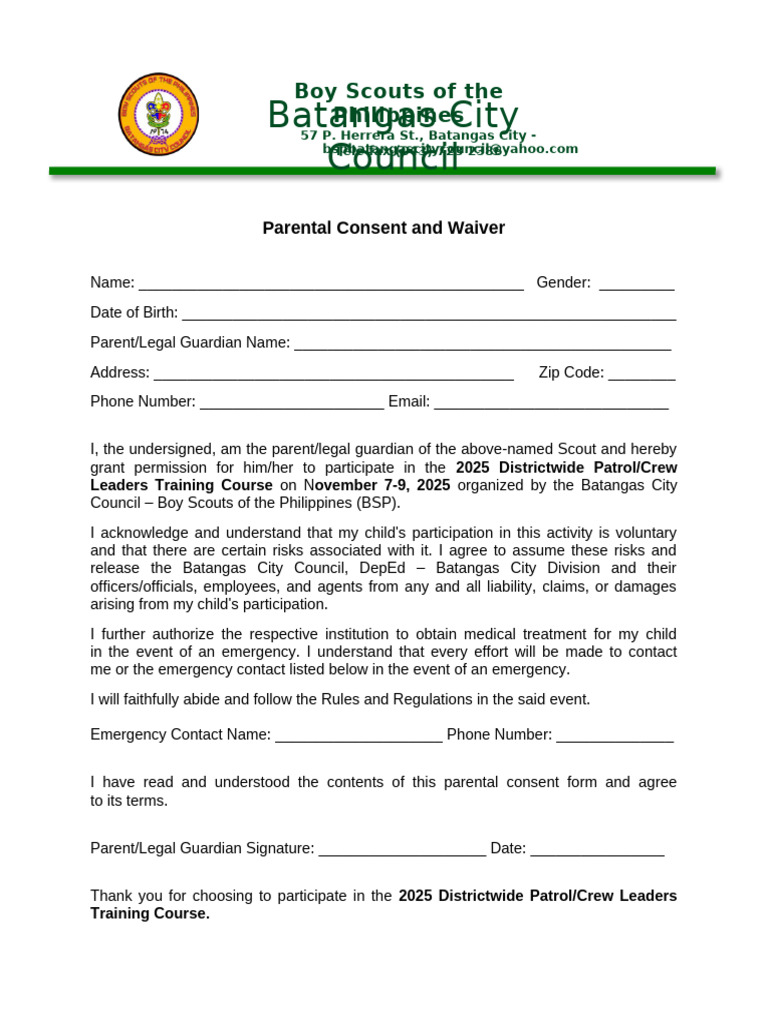 PLTC CLTC Parental Consent and Waiver | PDF