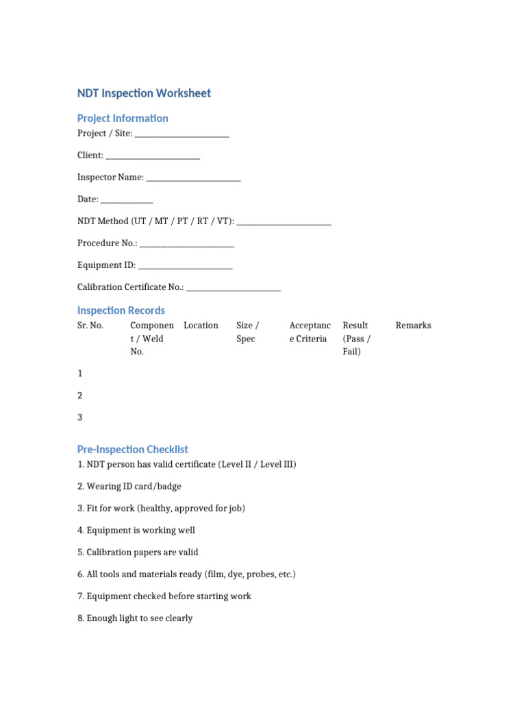 NDT Inspection Worksheet | PDF