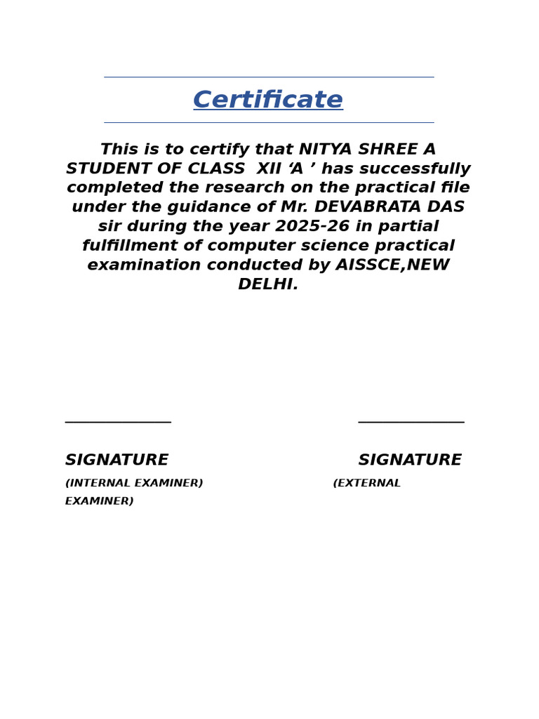 Class XII A Computer Science Certificate | PDF