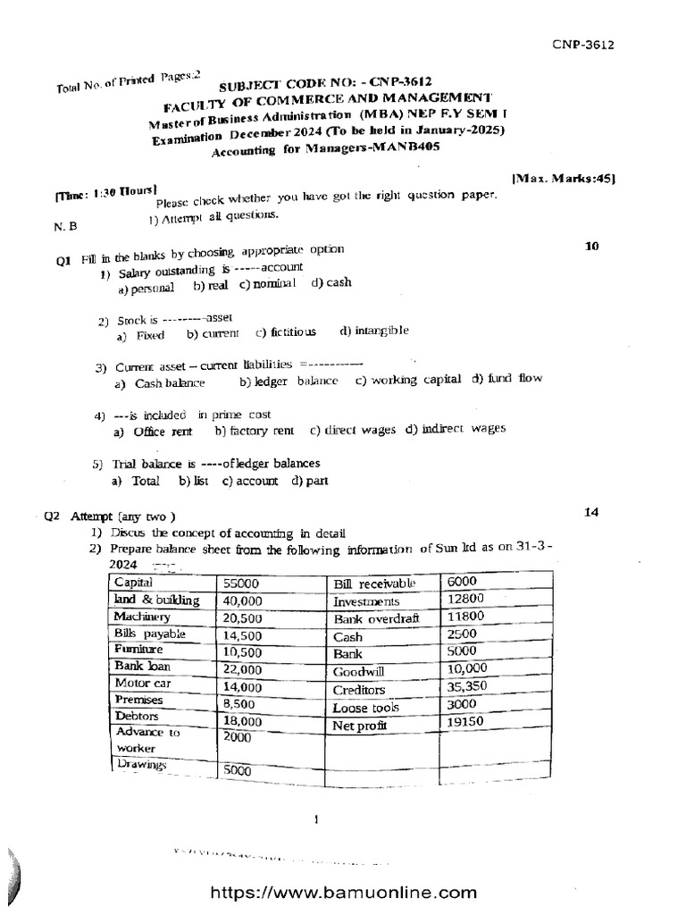 Mba 1 Sem Accounting for Managers Cnp 3612 Jan 2025 | PDF