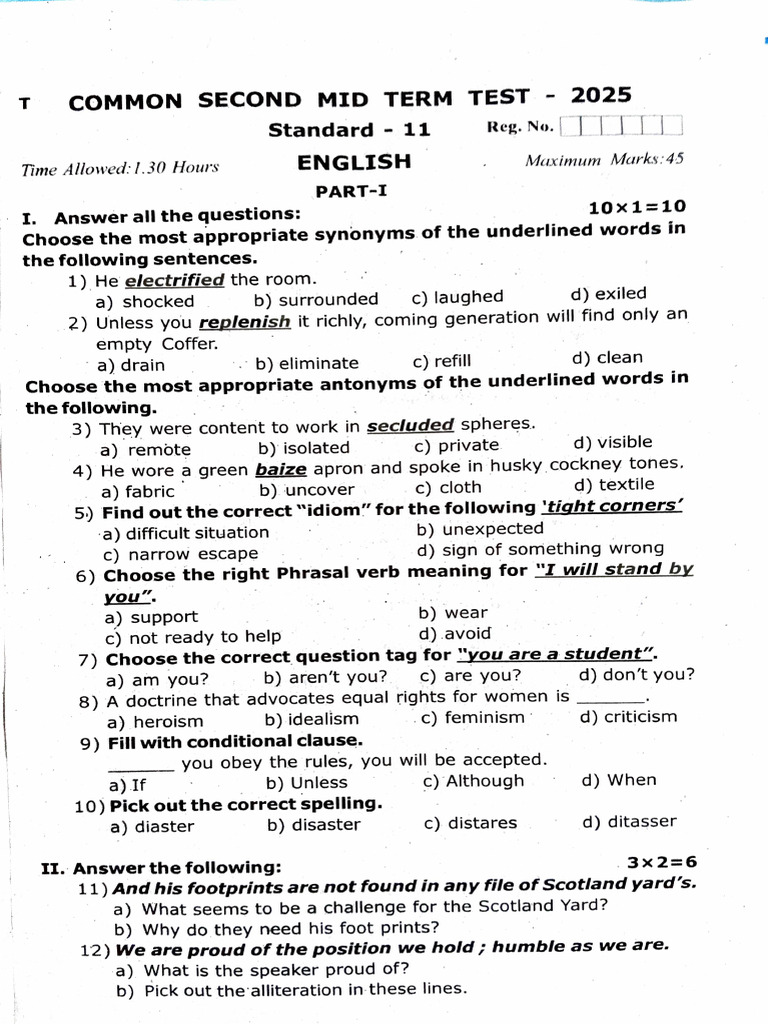 11th English 2nd Mid Term Question Paper __ Thoothukudi District _ | PDF
