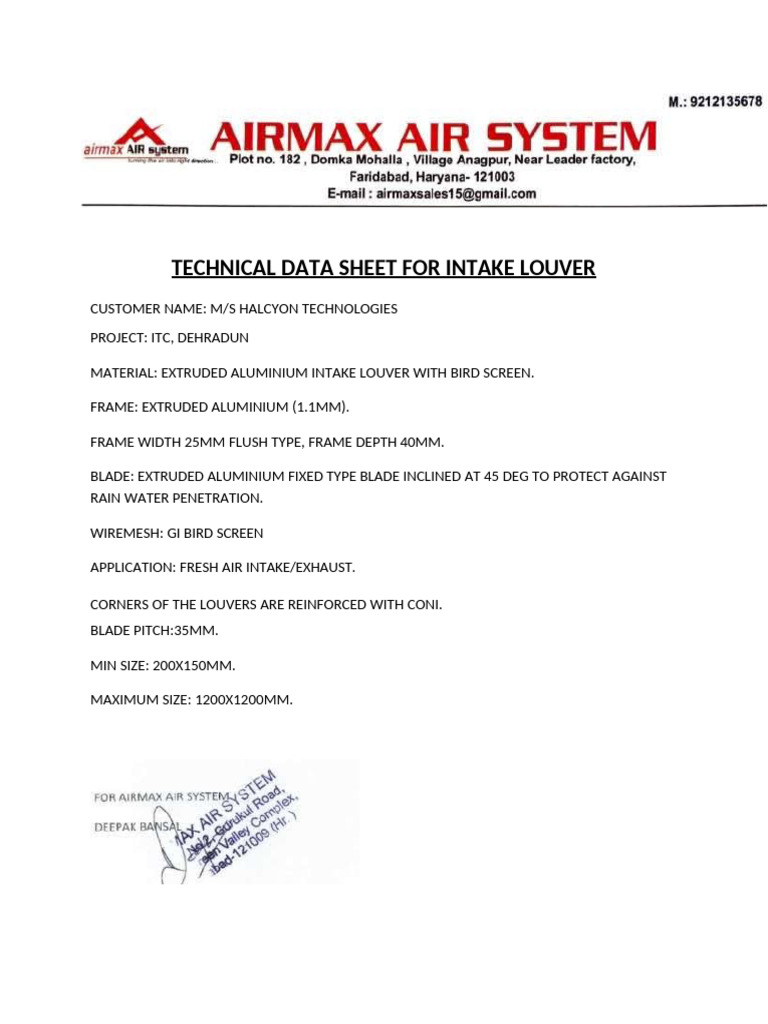 Intake Louver Technical Data Sheet | PDF