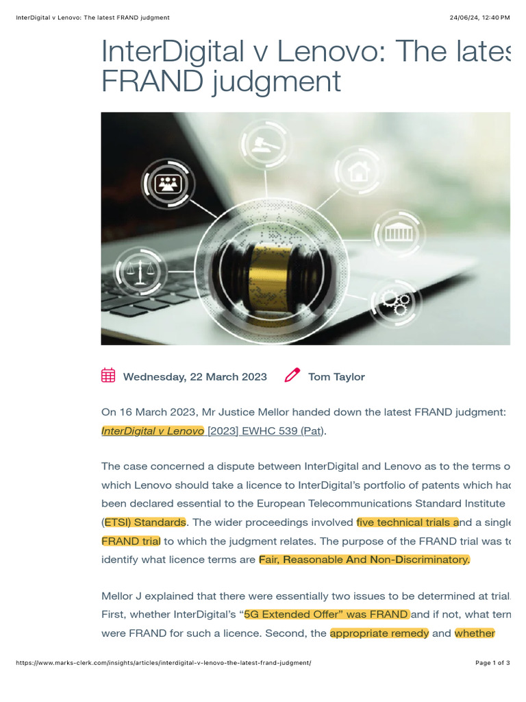 Interdigital vs Lenovo | PDF | Judgment (Law) | License