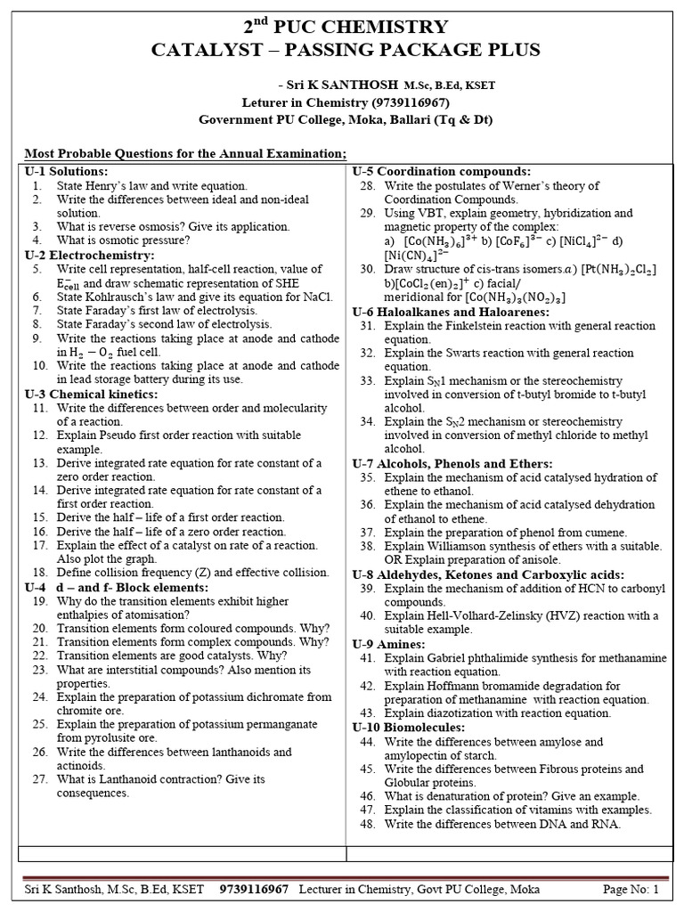 2 PUC CHEMISTRY PASSING PACKAGE PLUS 2025 BY SK | PDF | Coordination ...