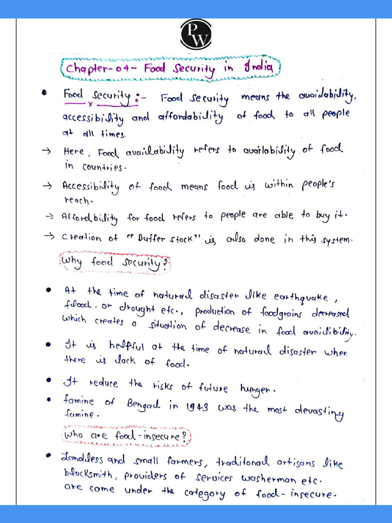 Food Security in India - Handwritten Notes SST | PDF
