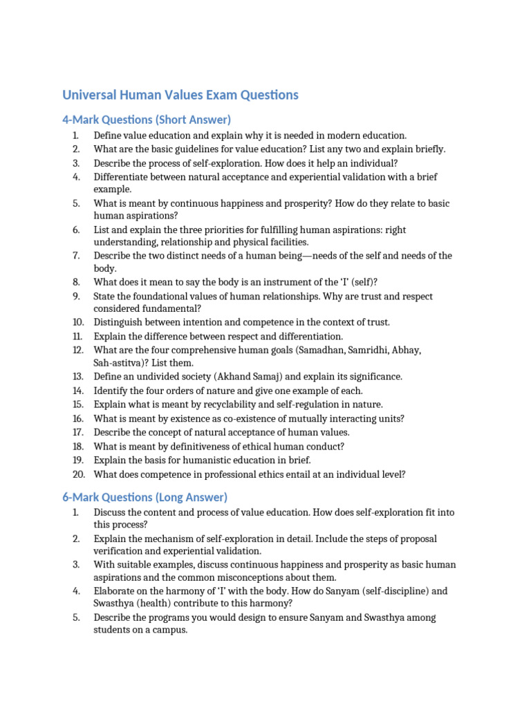 Universal Human Values Exam Questions | PDF | Value (Ethics) | Happiness