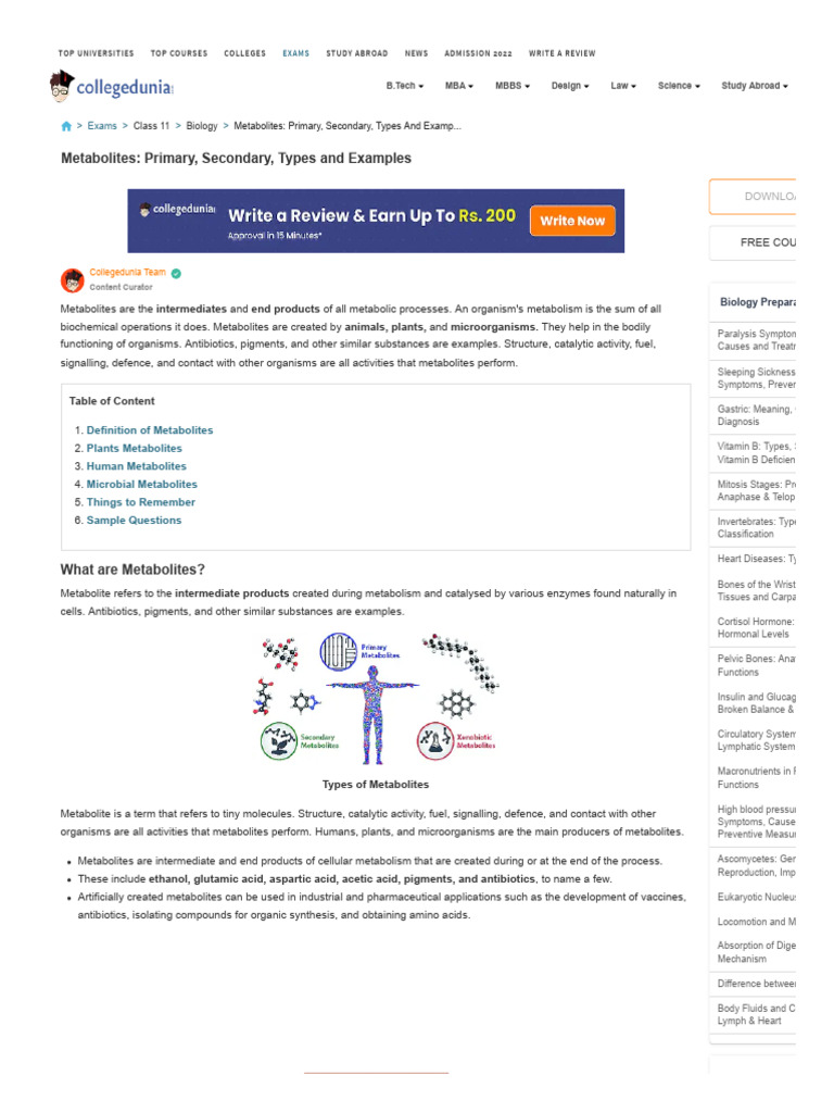 Metabolites_ Primary, Secondary, Types, Examples | PDF | Proteins ...