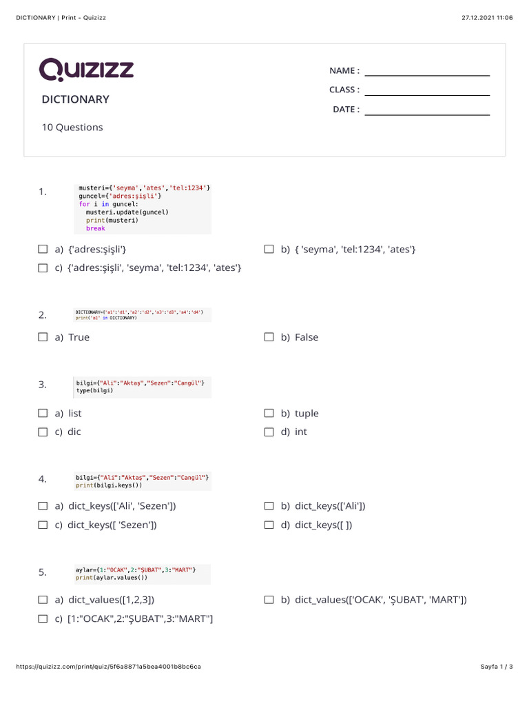 Quizizz Dictionary Printout Guide | PDF