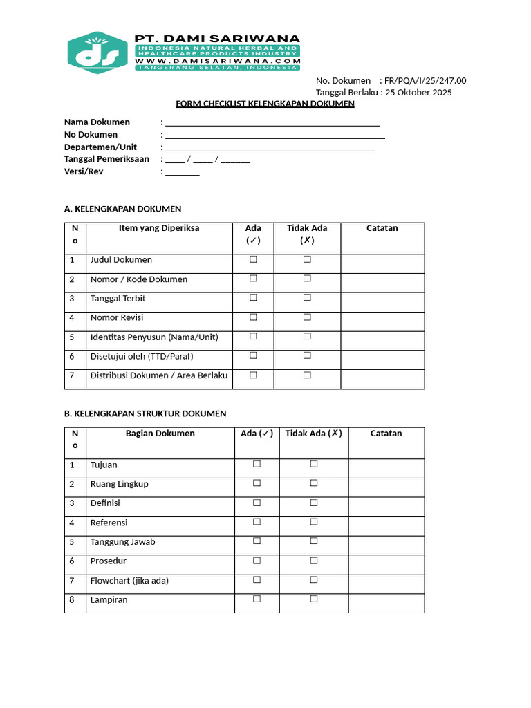Checklist Kelengkapan Dokumen 2025 | PDF
