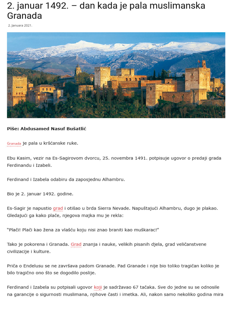 Januar 1492. - Dan Kada Je Pala Muslimanska Granada - SAFF Portal | PDF
