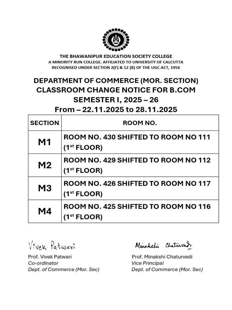 Class Room Change Notice Sem I | PDF