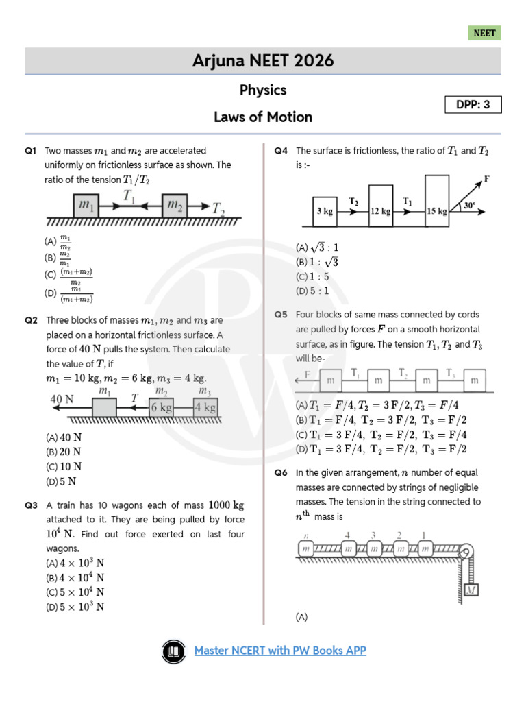 NEET 2026 Physics Laws of Motion DPP | PDF | Tension (Physics) | Force