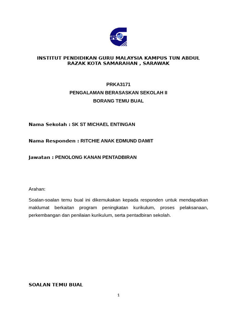 Borang Temu Bual Pk1 | PDF