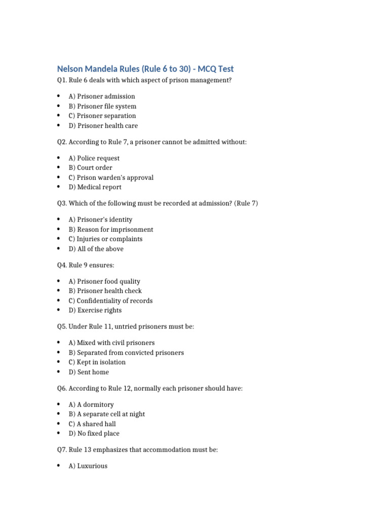 Nelson Mandela Rules MCQ Test (Rules 6-30) | PDF