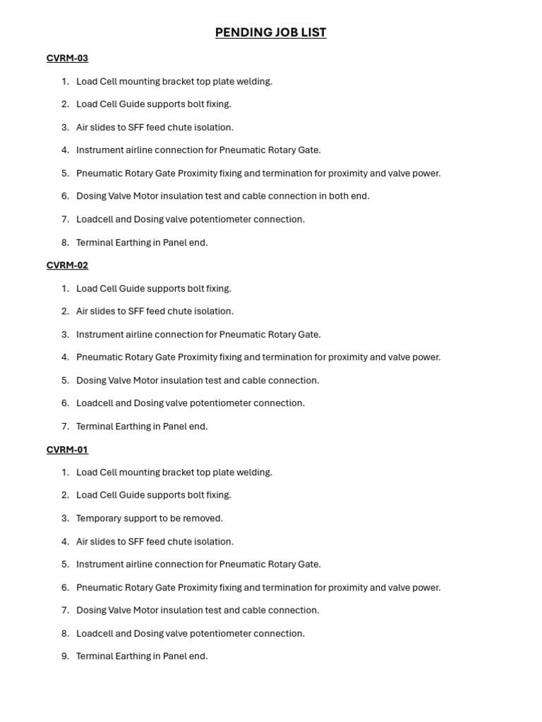 Pending Job List for Load Cell Installation | PDF