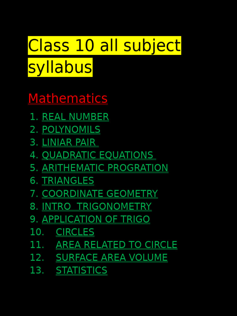 Class 10 Complete Subject Syllabus | PDF